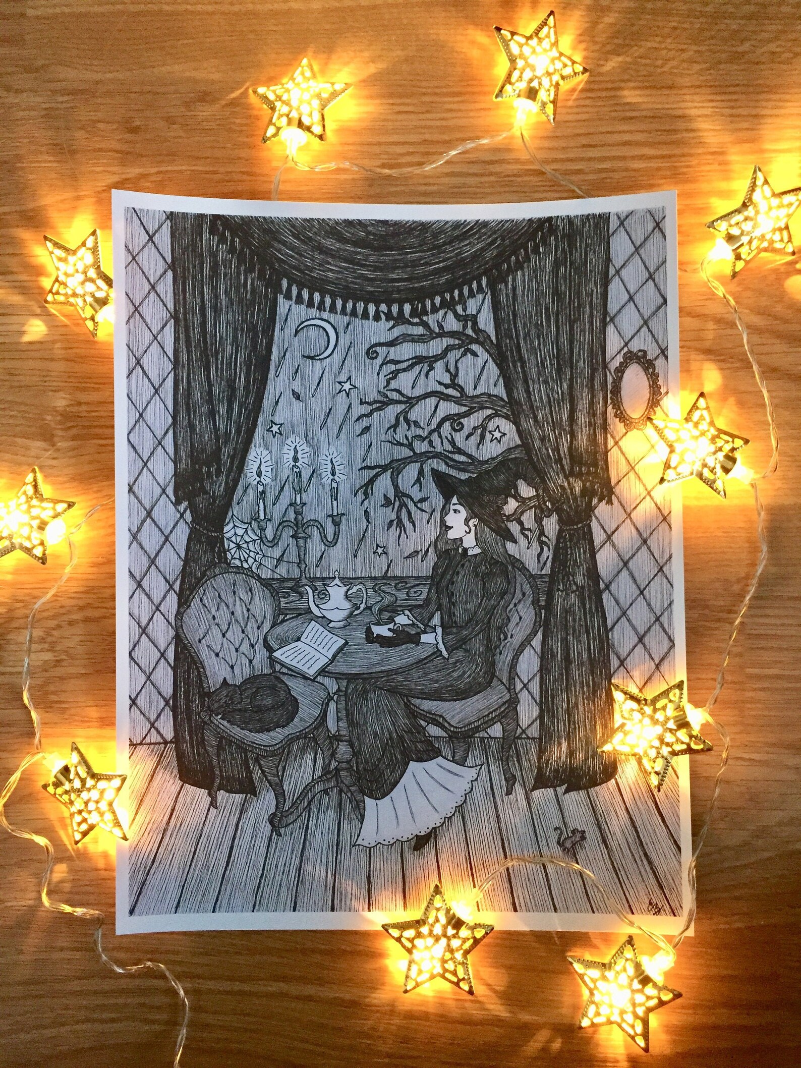 Witching Hour Tea Pen Ink Print 5x7 Wiccan Art Witch Autumn Fall Black ...