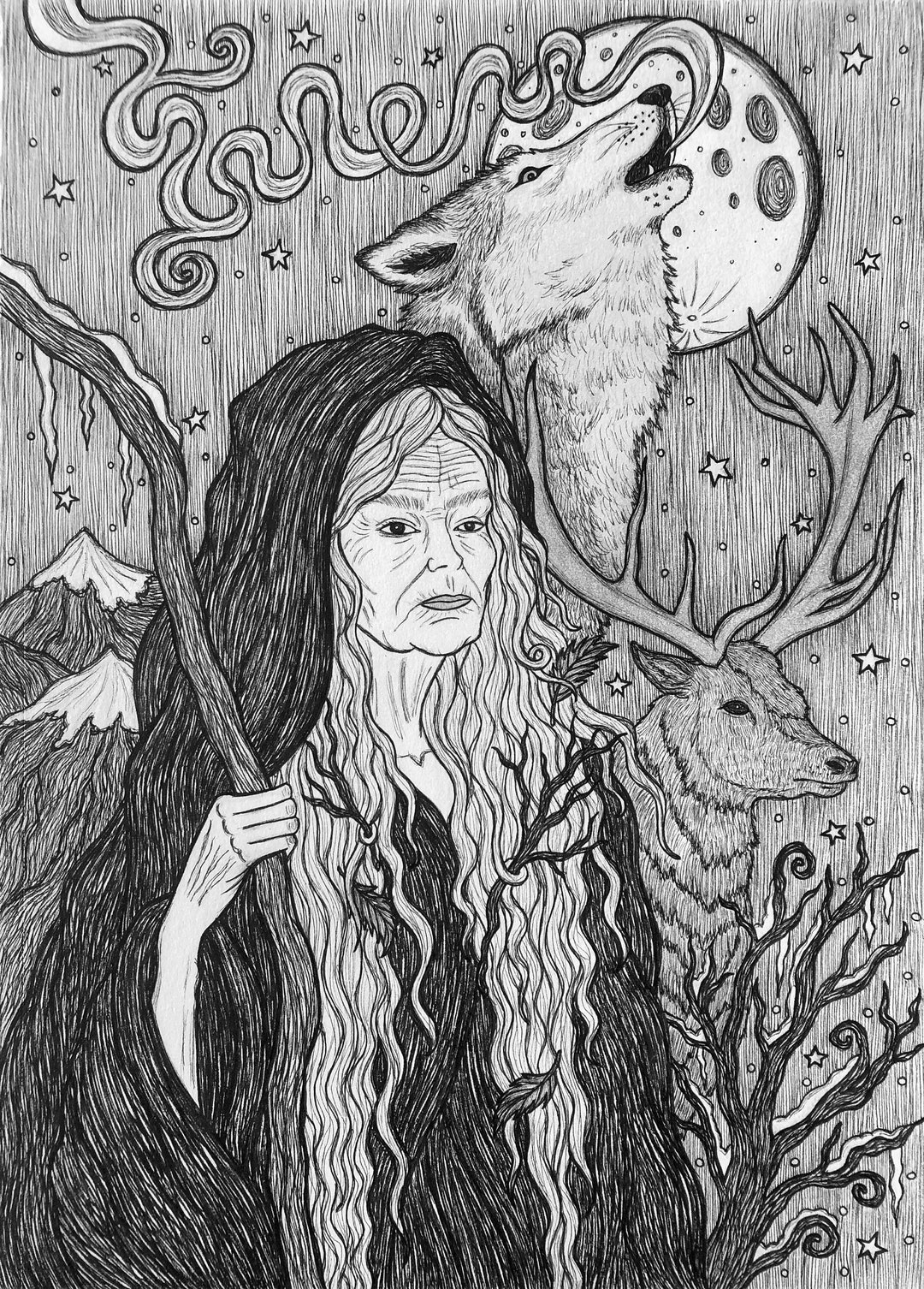 The Cailleach, Queen of Winter 5x7 Pen & Ink Veiled One Crone Hag Wise ...