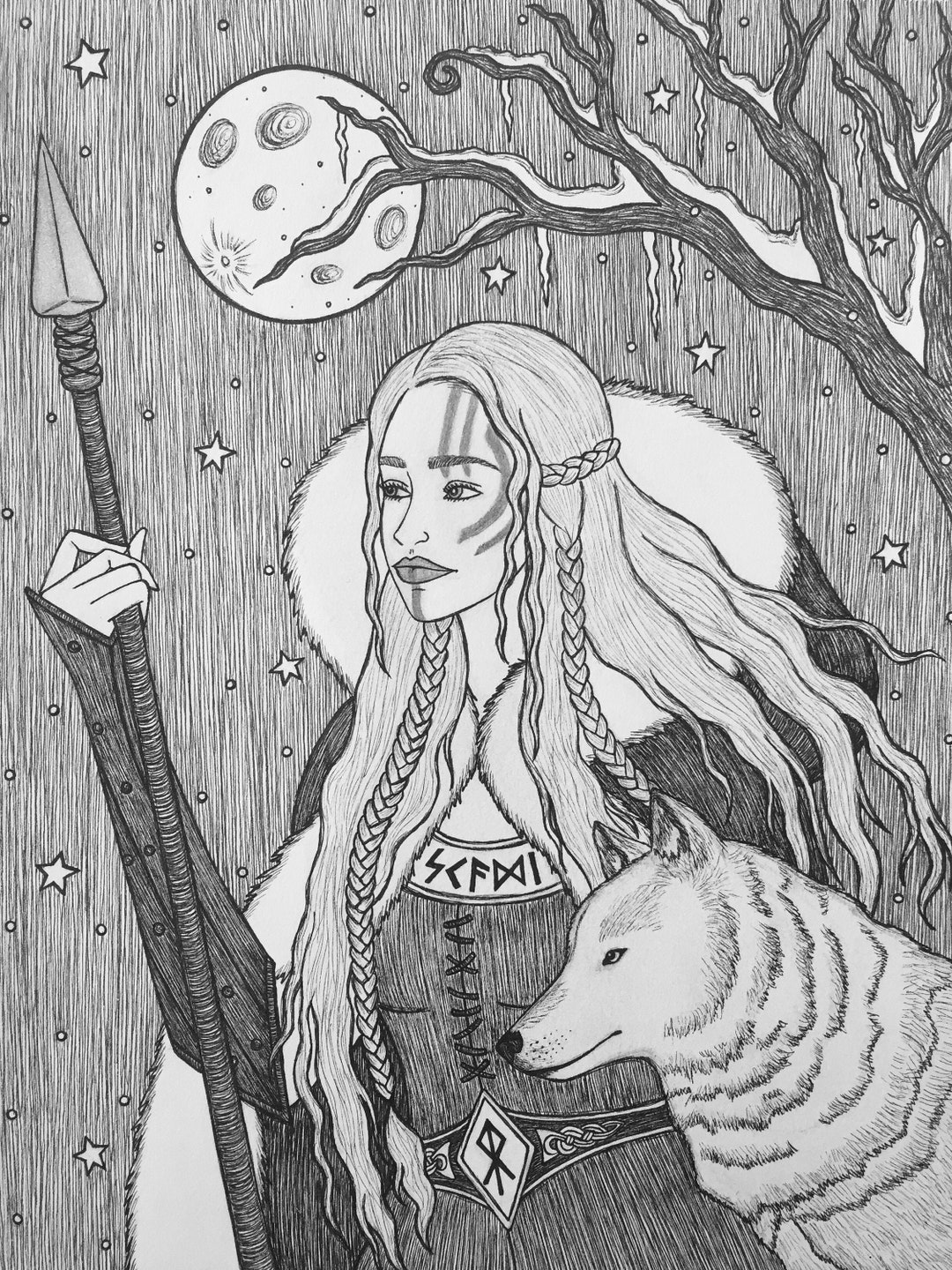 Skadi Goddess of Authenticity Pen & Ink Print 5x7 Norse Viking Giantess ...