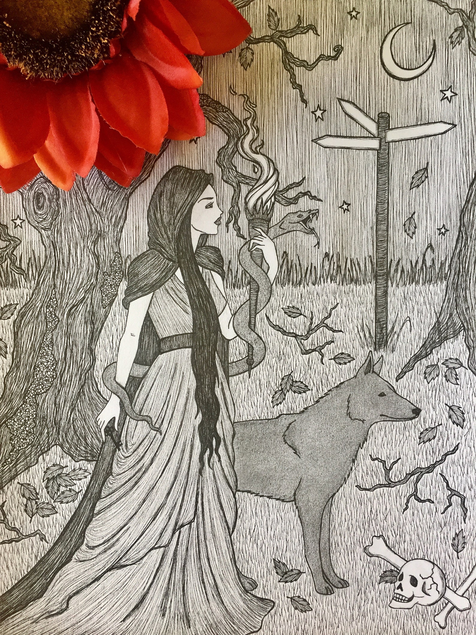Hekate Queen Of The Crossroads Pluma y tinta Impresión 5x7 | Etsy España