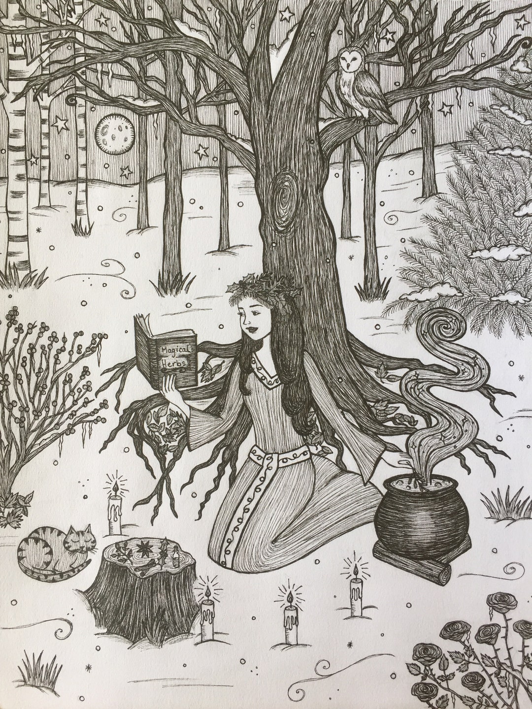Witch of the Winter Woods Pen & Ink Print 5x7 Wiccan Art Witch Yule ...