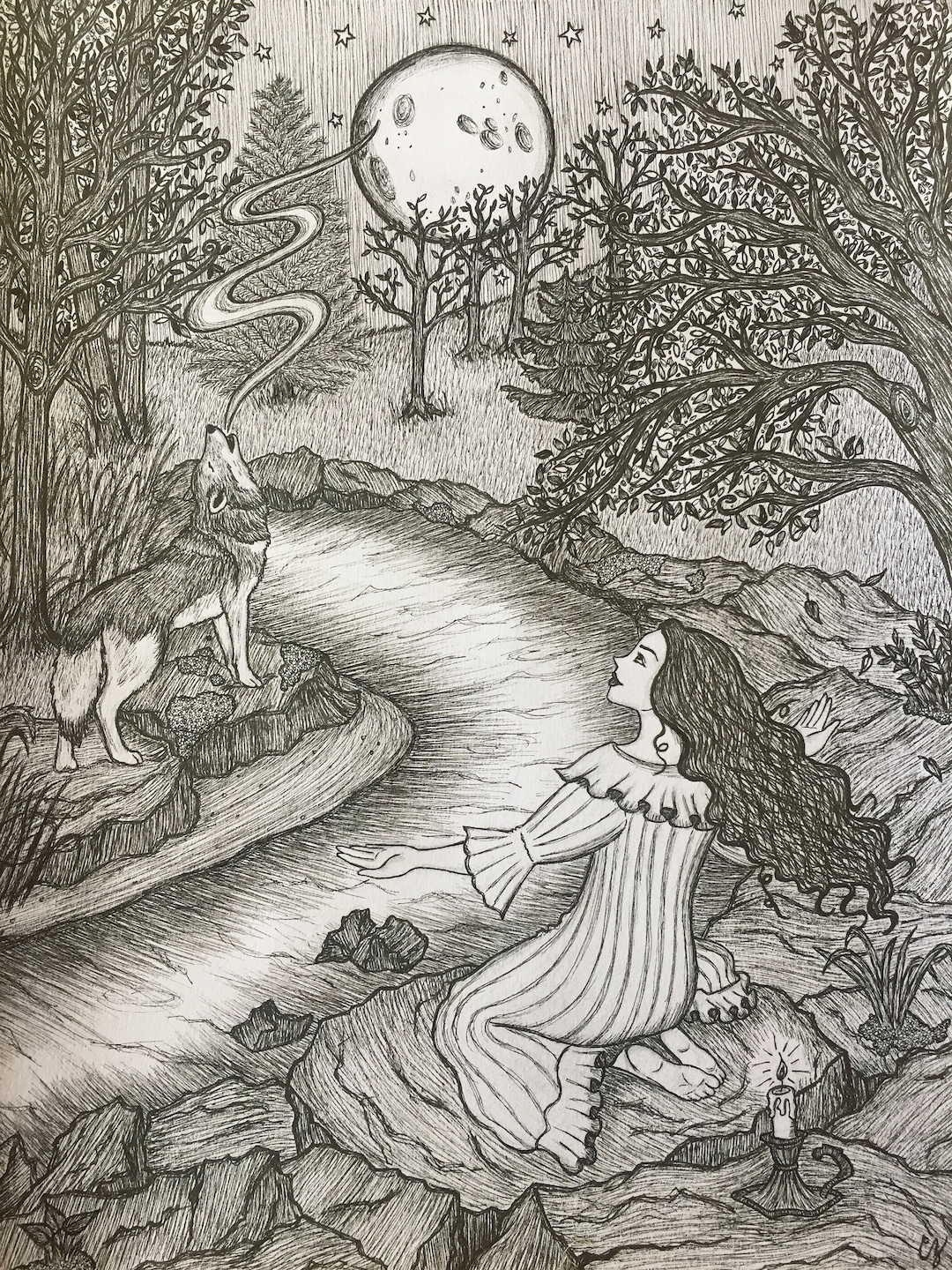 Rewilding With Grandmother Moon Pen Ink 5x7 She-wolf Wicca Witchy Wolf ...