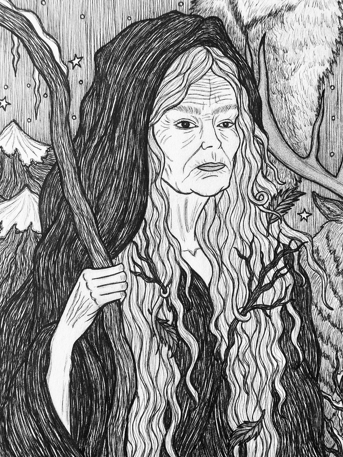 The Cailleach, Queen of Winter 5x7 Pen & Ink Veiled One Crone Hag Wise ...