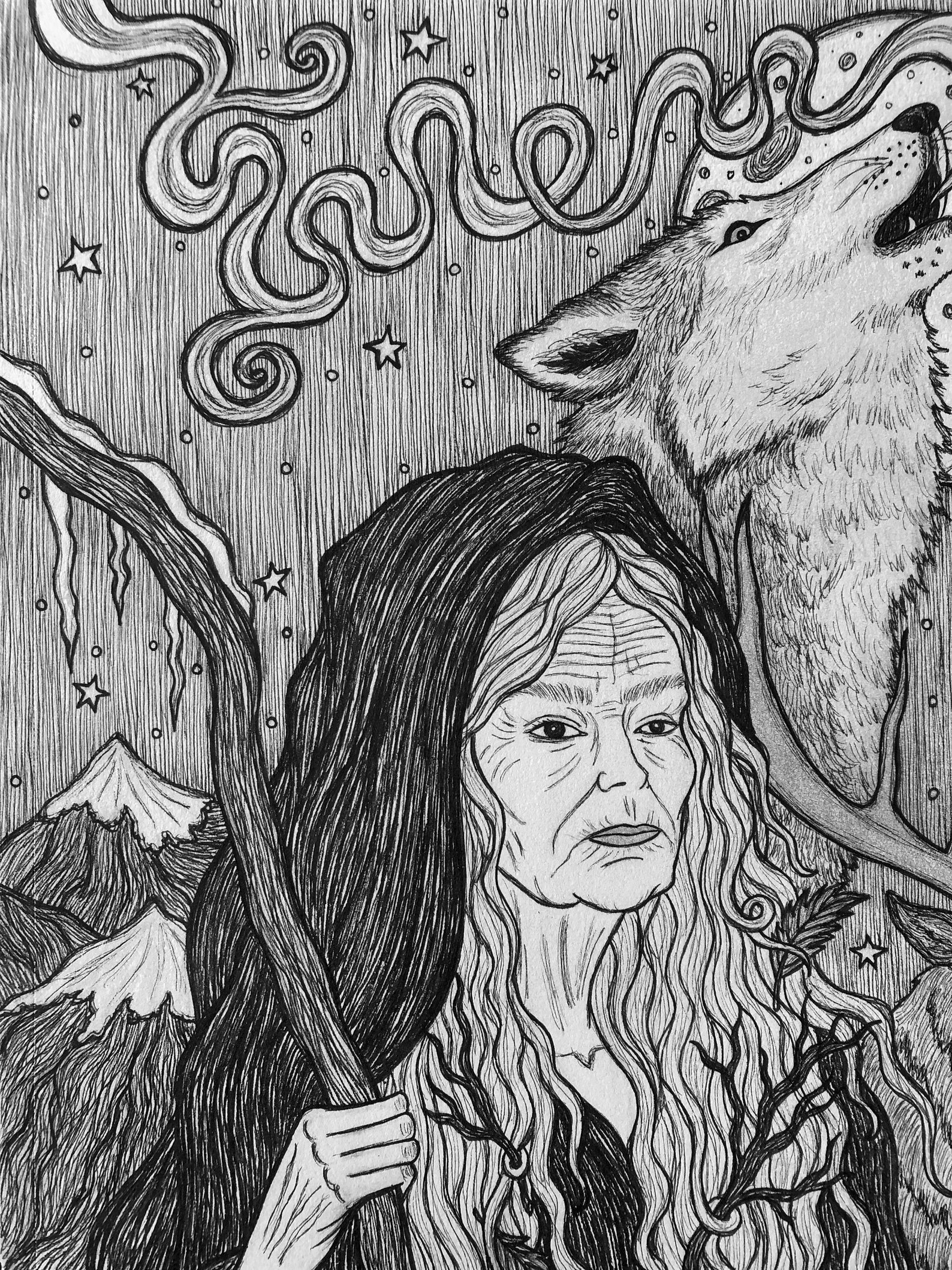 The Cailleach, Queen of Winter 5x7 Pen & Ink Veiled One Crone Hag Wise ...