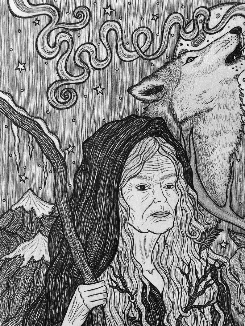 The Cailleach, Queen of Winter 5x7 Pen & Ink Veiled One Crone Hag Wise ...