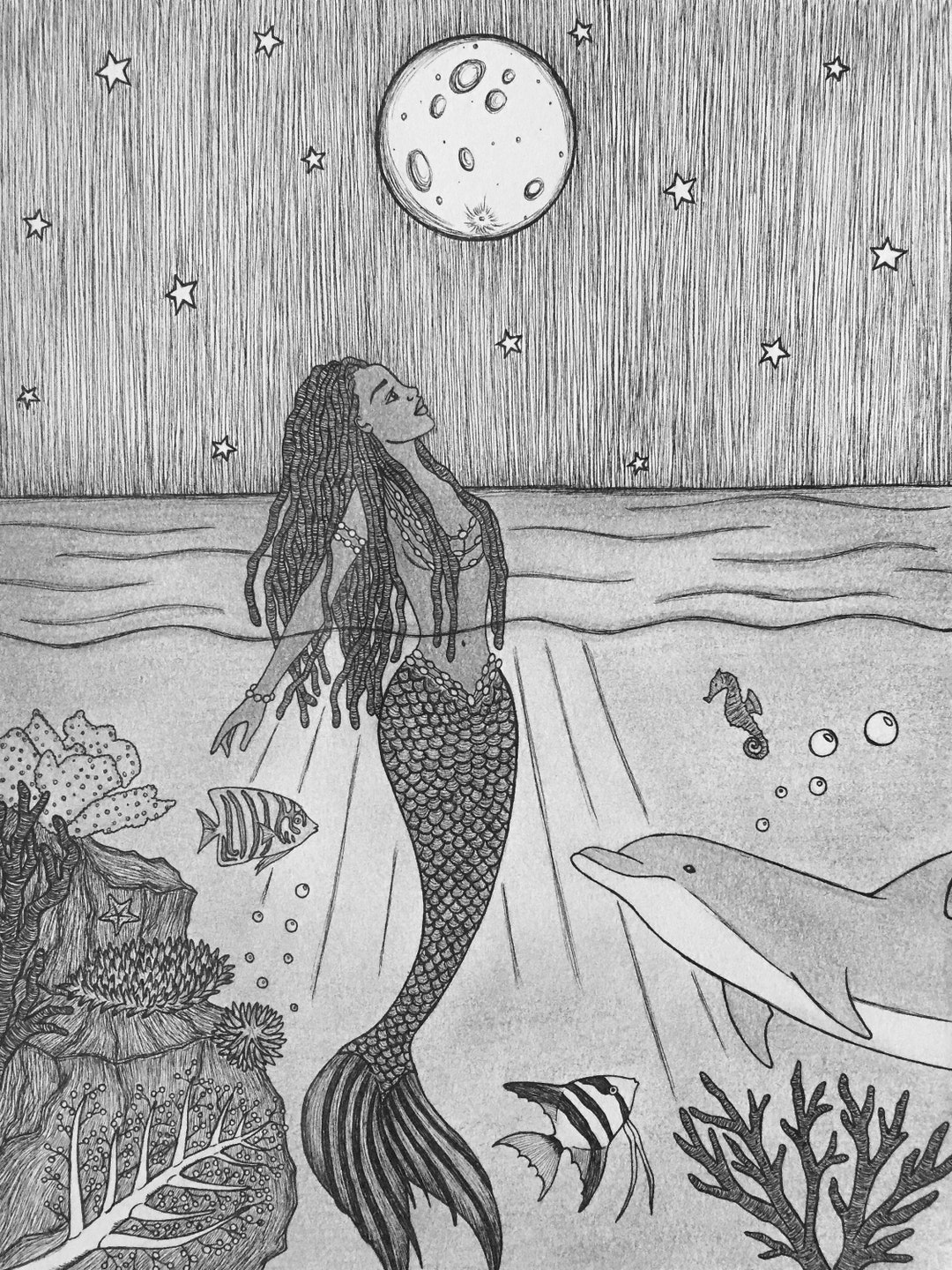 Yemaya Mother of All Pen & Ink Print 5x7 Mermaid Goddess Yemoja Orisha ...