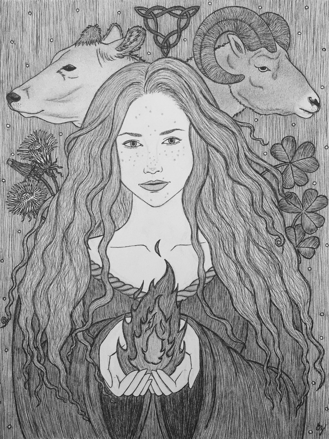 Brigid Goddess of the Eternal Flame 5x7 Pen Ink Print Celtic Goddess ...