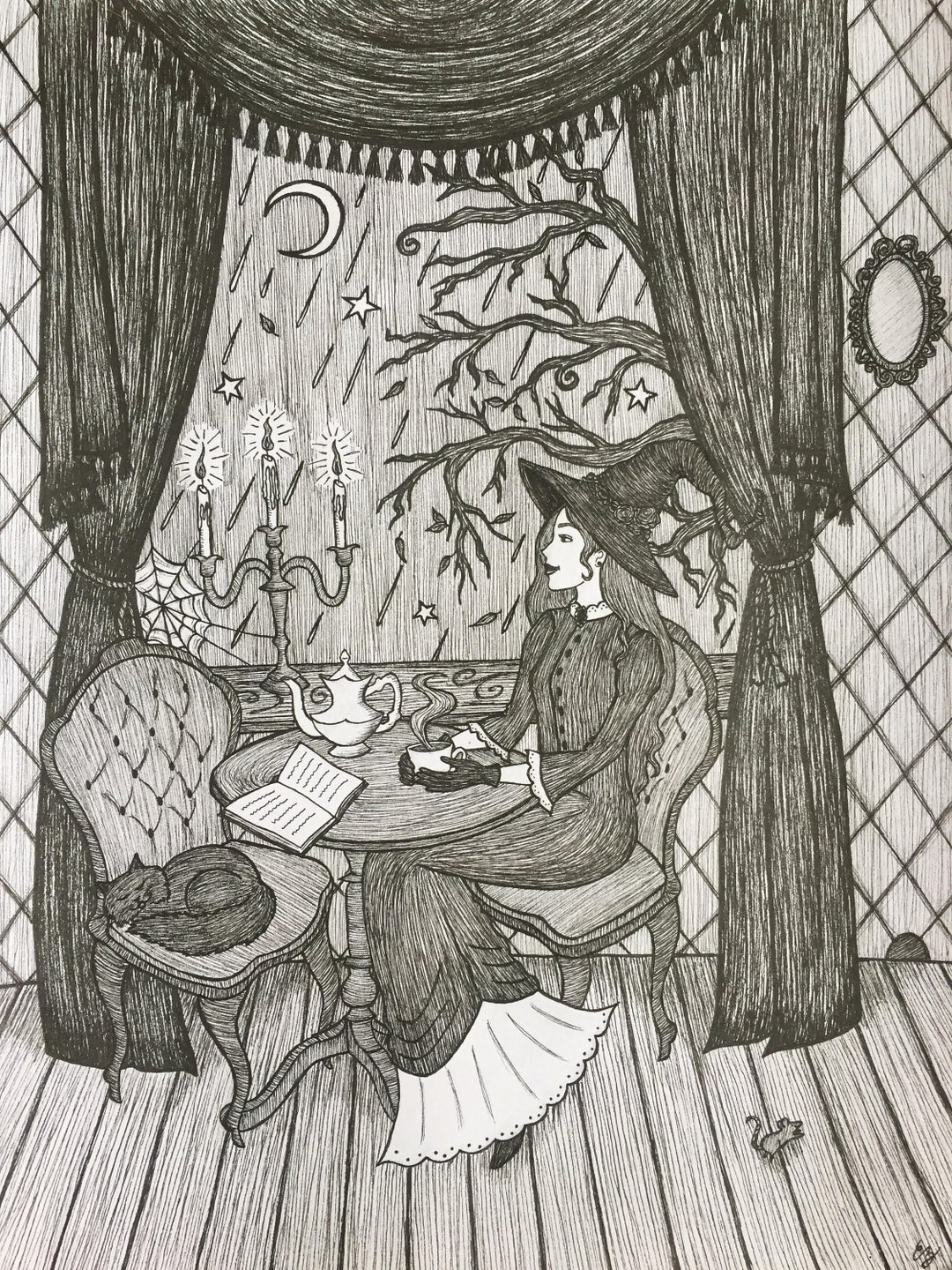 Witching Hour Tea Pen Ink Print 8x10 Wiccan Art Witch Autumn Fall Black ...