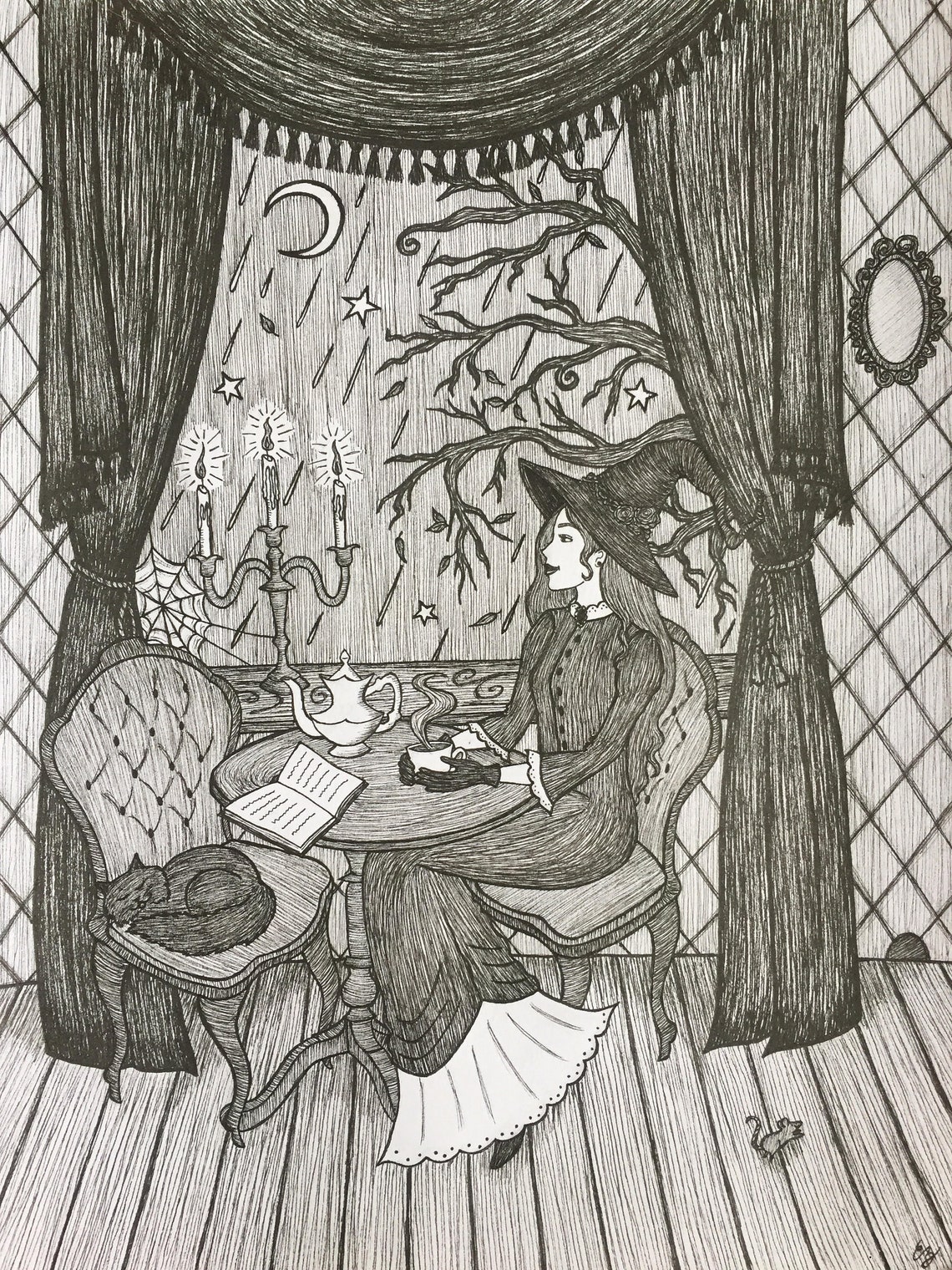 Witching Hour Tea Pen Ink Print 8x10 Wiccan Art Witch Autumn Fall Black ...