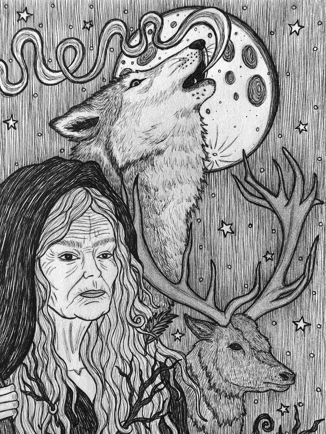 The Cailleach, Queen of Winter 5x7 Pen & Ink Veiled One Crone Hag Wise ...
