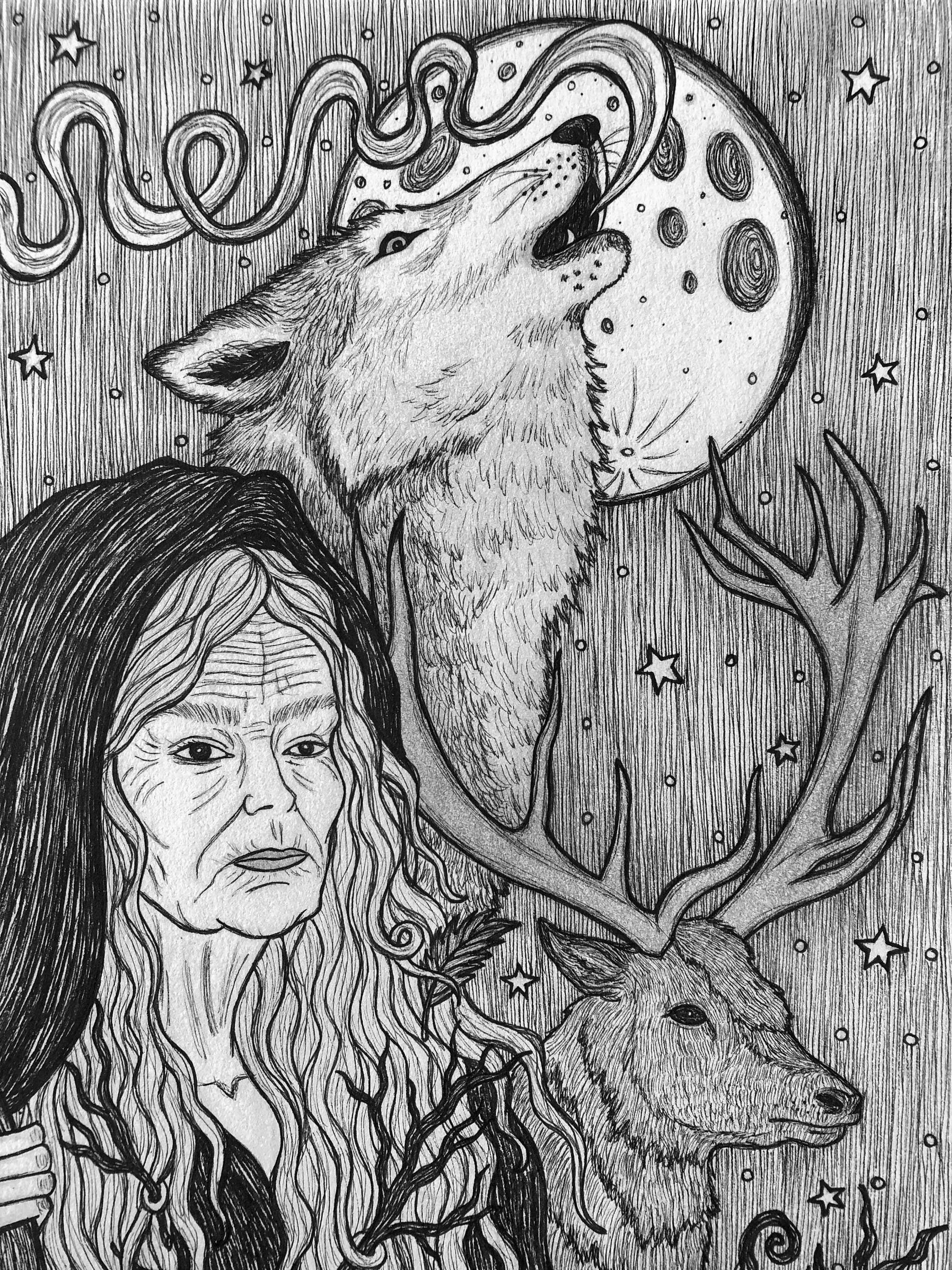 The Cailleach, Queen of Winter 5x7 Pen & Ink Veiled One Crone Hag Wise ...