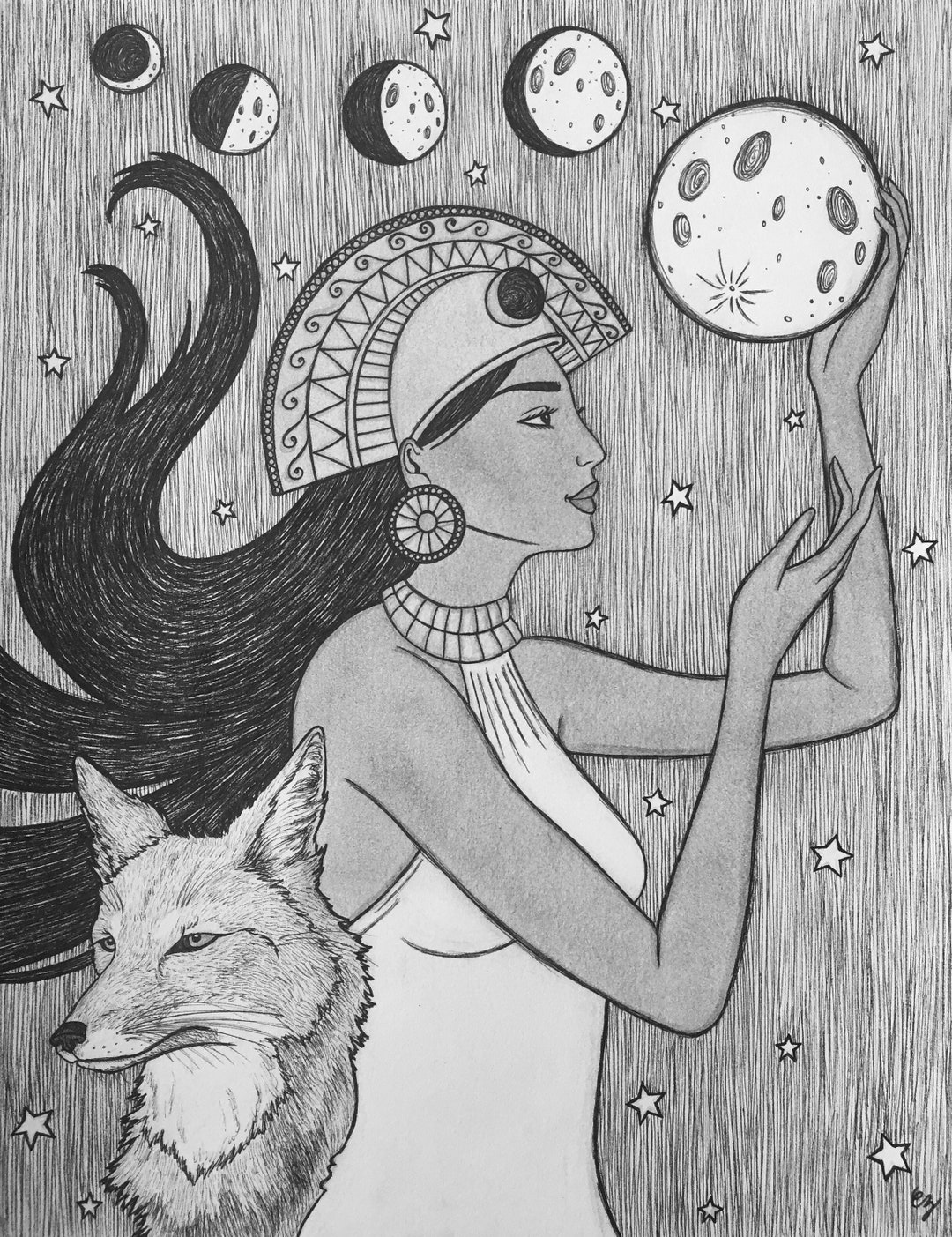 Mama Quilla Moon Mother of the Inca 5x7 Pen & Ink Inca Latina Goddess ...