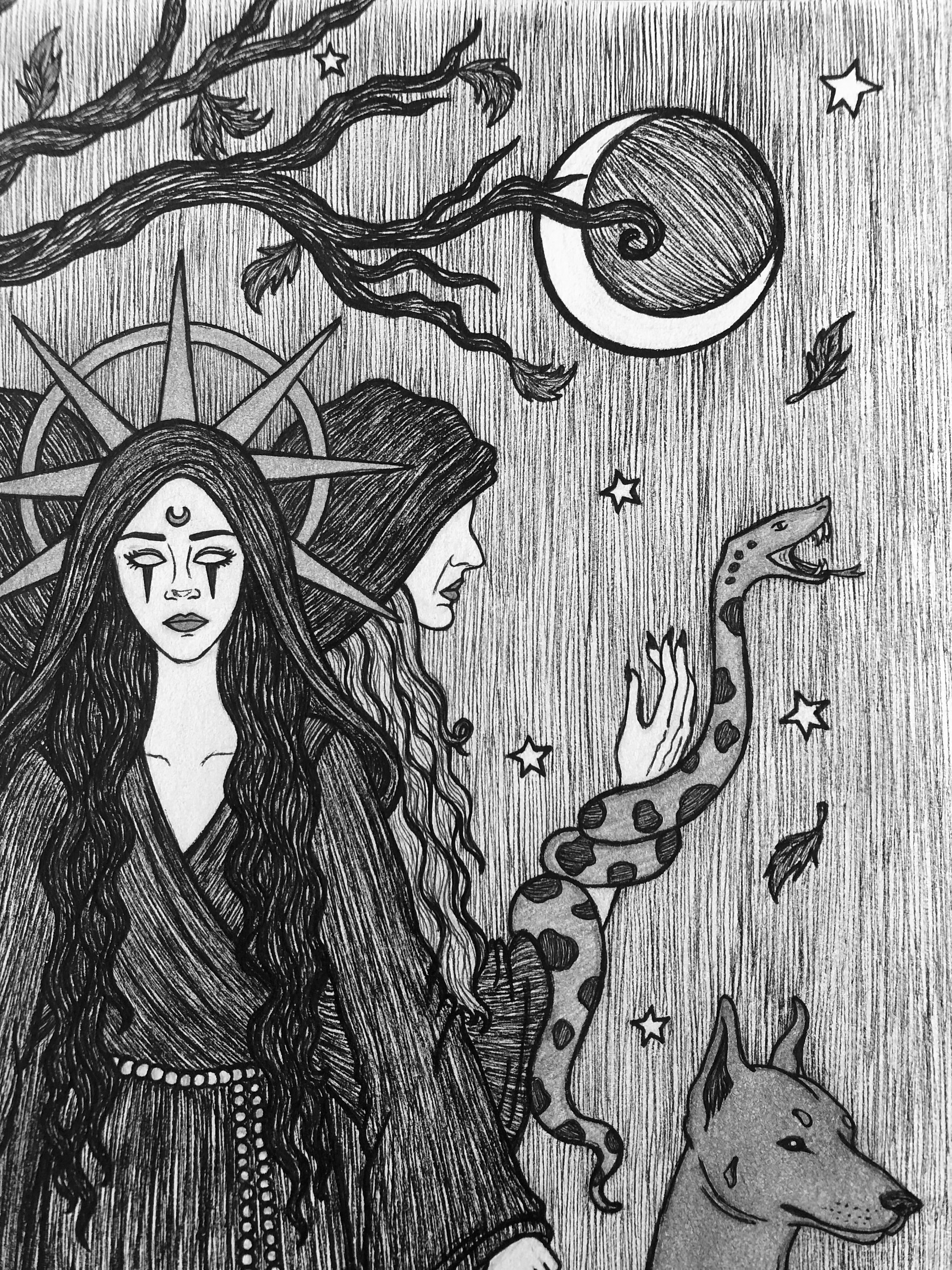 Hecate, Torchbearer of Truth 5x7 Pen & Ink Greek Goddess of Crossroads ...