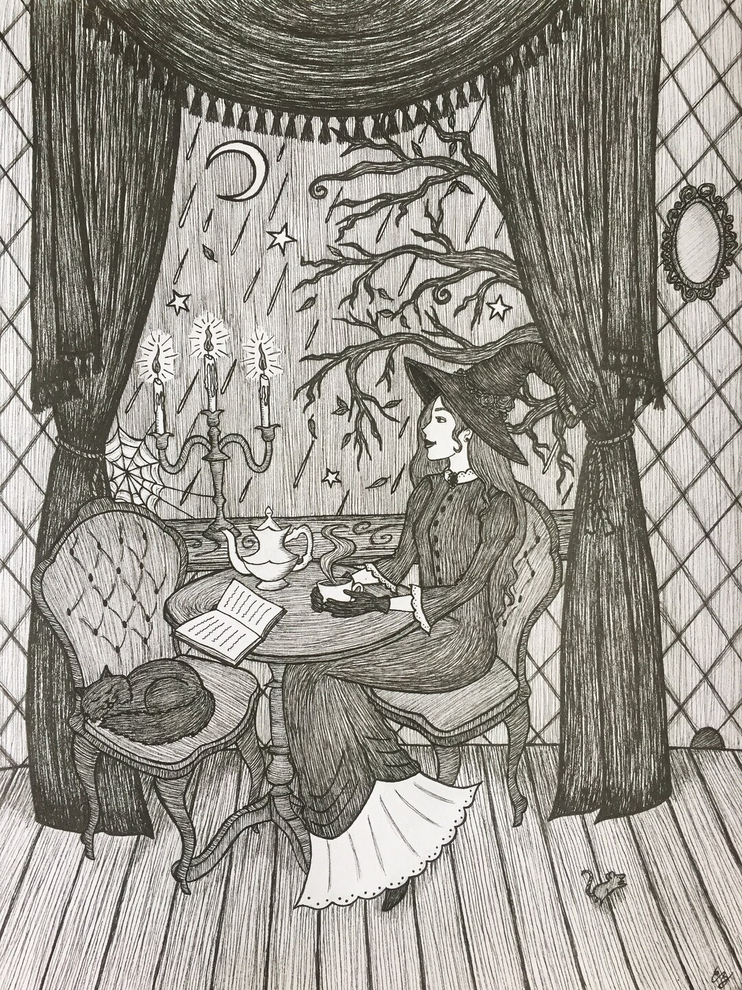 Witching Hour Tea Pen Ink Print 5x7 Wiccan Art Witch Autumn Fall Black ...