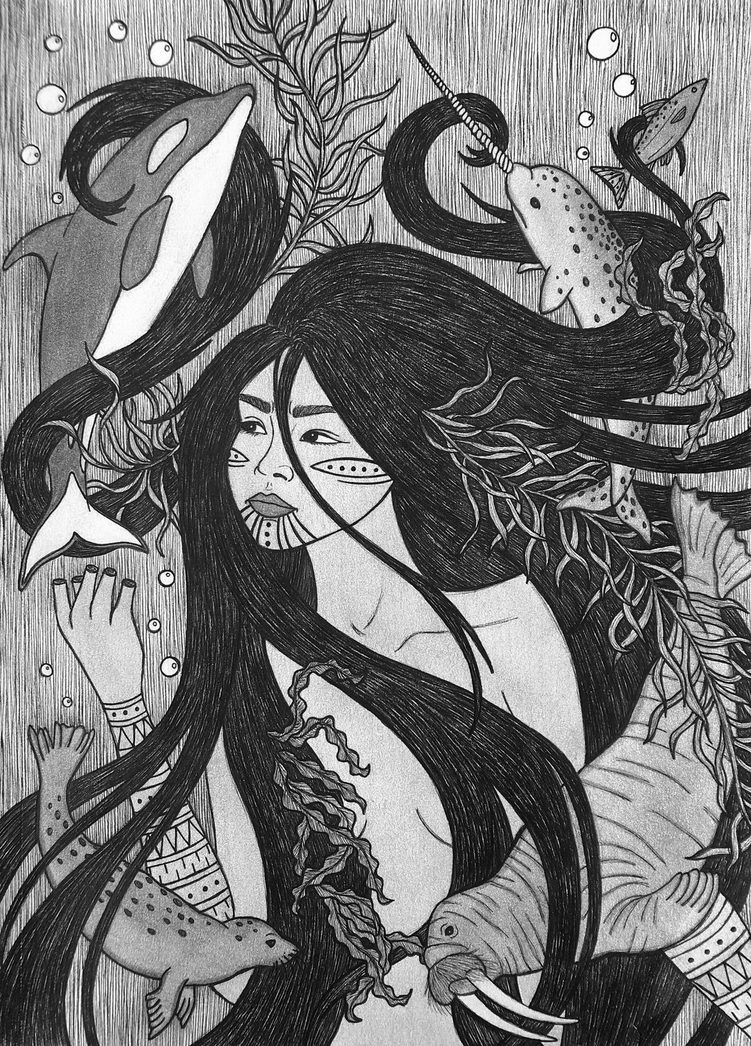 Sedna, Mother of the Deep 8x10 Inuit Inuk Goddess Mythology Indigenous Sea Ocean Orca Narwhal ...