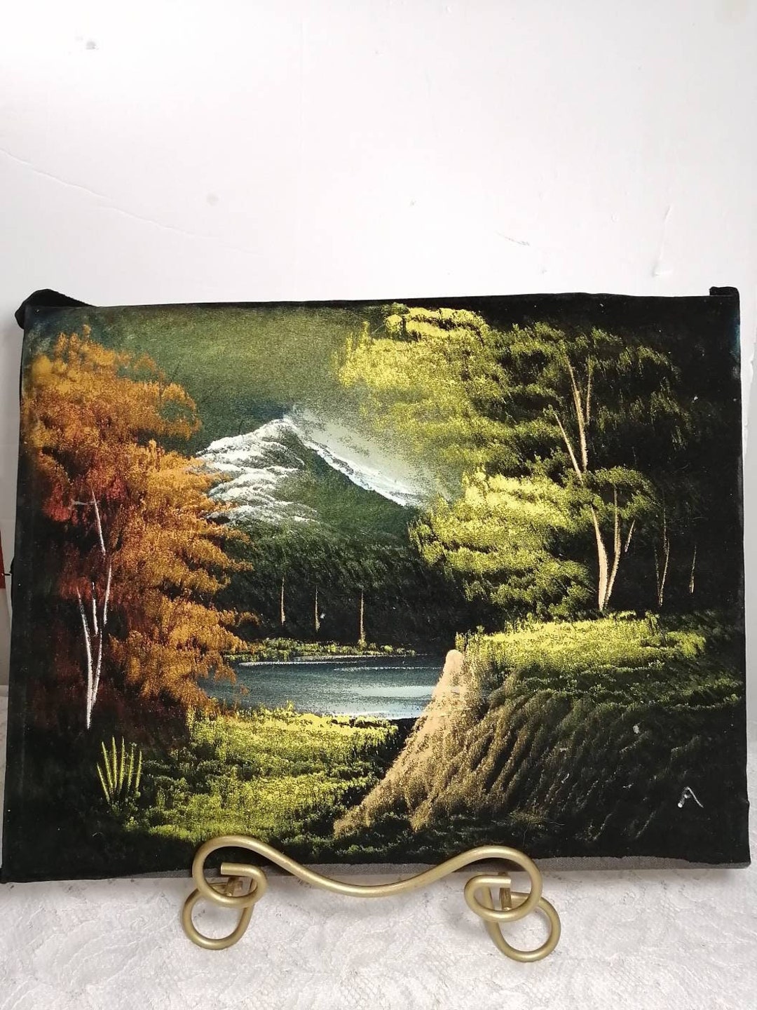 Vtg-velvet Landscape Painting Scene, Trees and Lake on Black Velvet ...