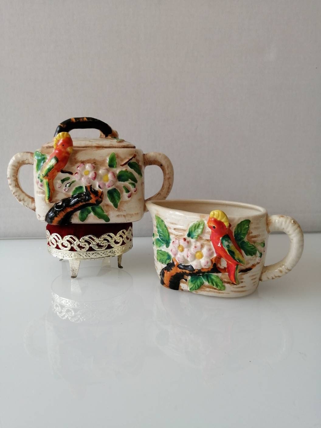 Sugar Bowl and Creamer Set With Tropical Parrot Exotic Bird3 - Etsy