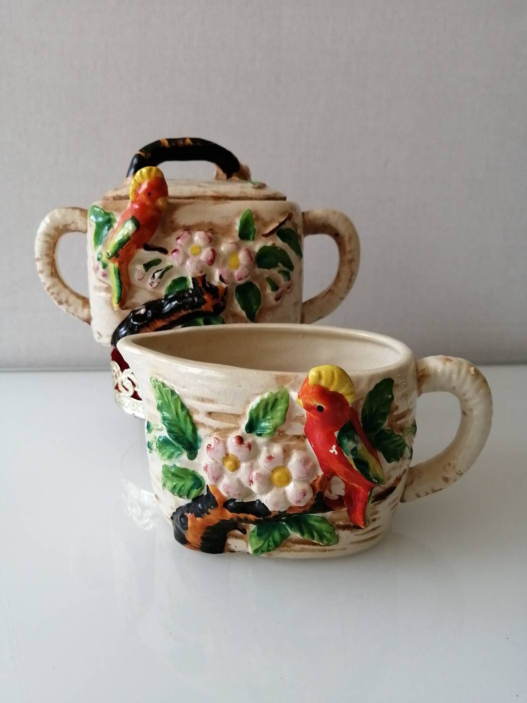 Sugar Bowl and Creamer Set With Tropical Parrot Exotic Bird3 - Etsy