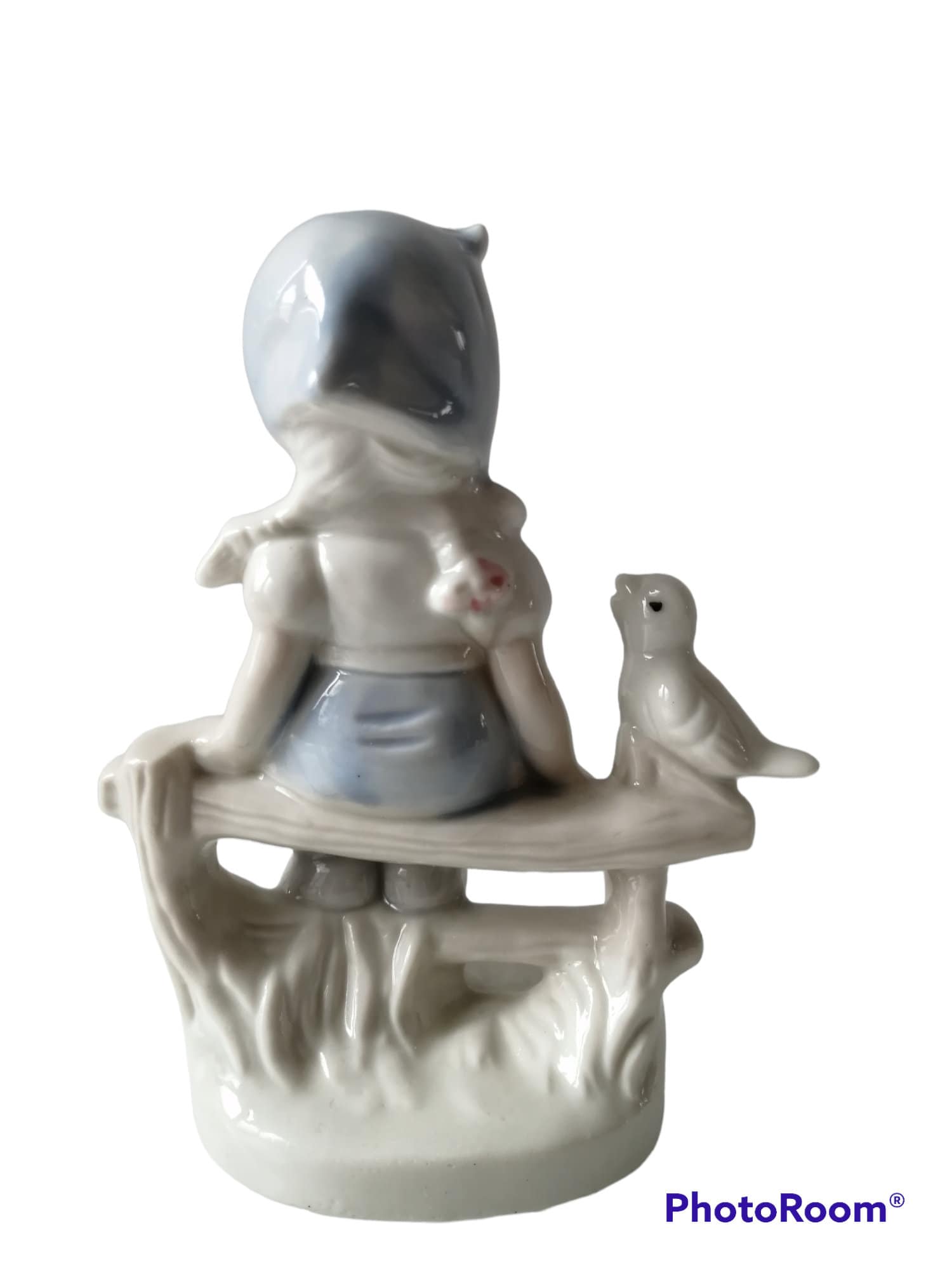 VTG Figurine Girl Sitting on A Tree Bench and a Bird, Retro Sculpture ...