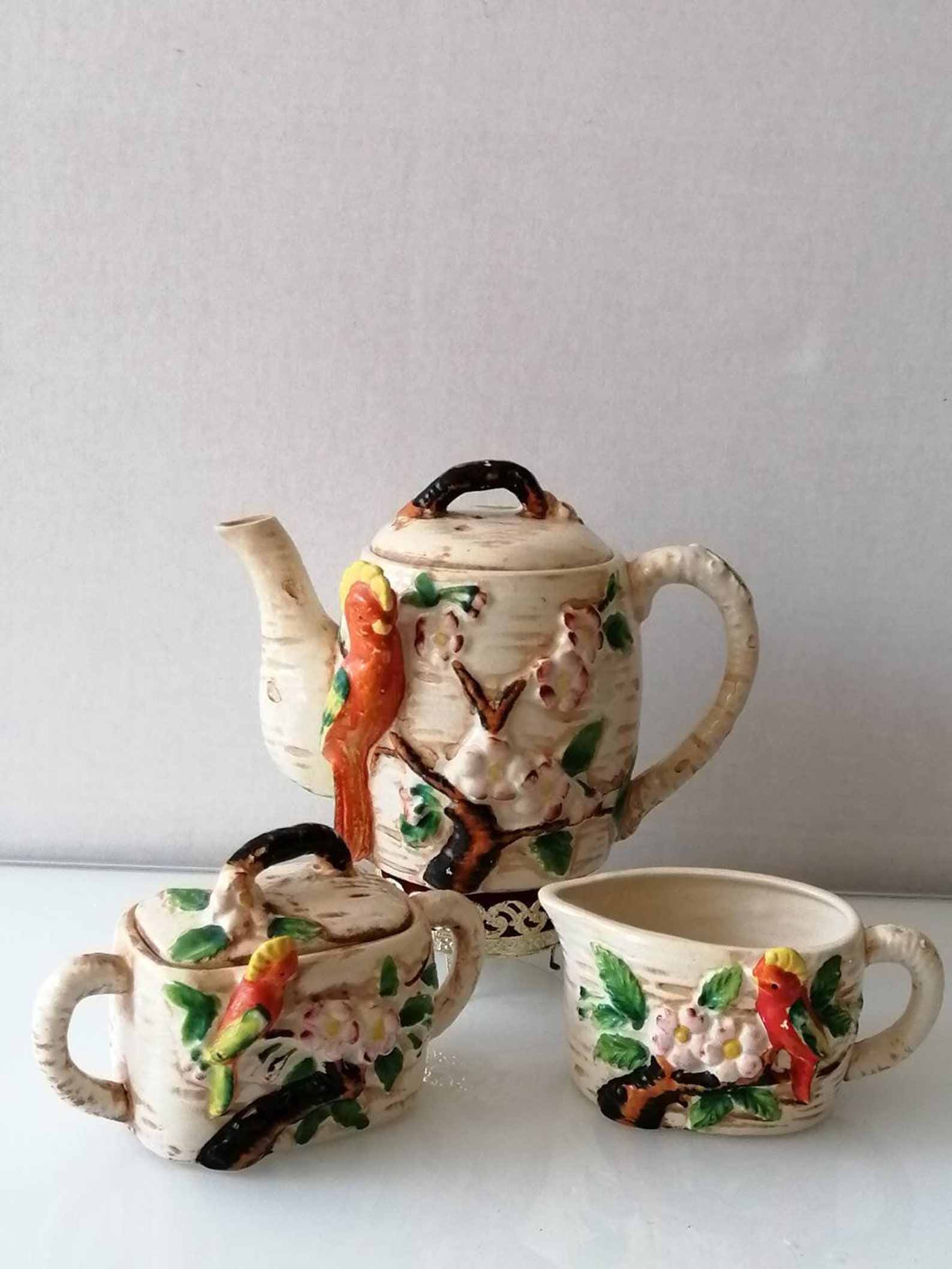 Sugar Bowl and Creamer Set With Tropical Parrot Exotic Bird3 - Etsy