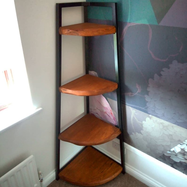 Corner Shelving Unit in Tapered Metal Frame With Solid Wooden Shelves ...