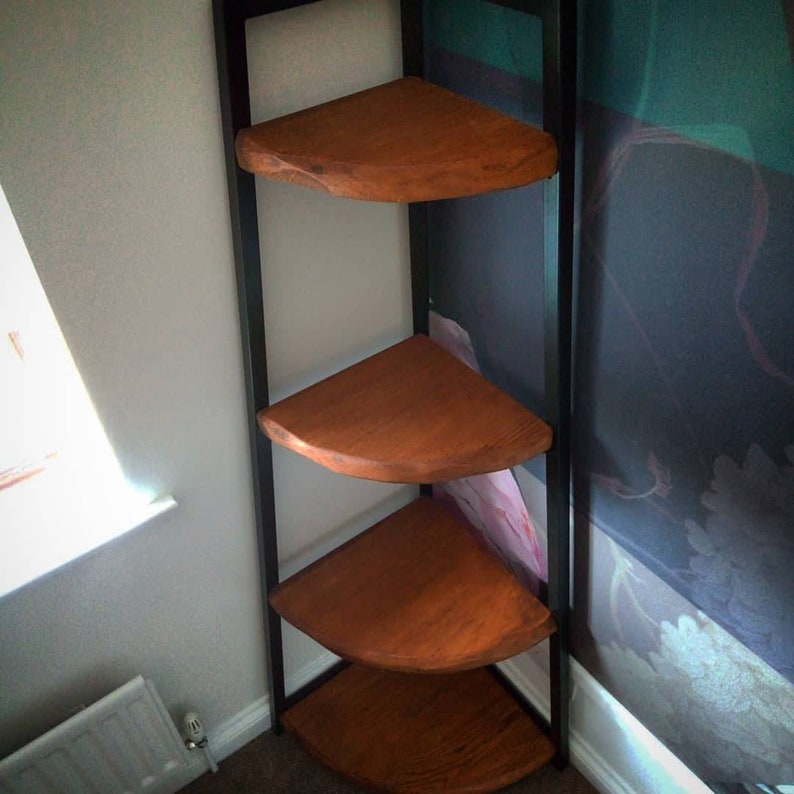 Corner Shelving Unit in Tapered Metal Frame With Solid Wooden Shelves ...