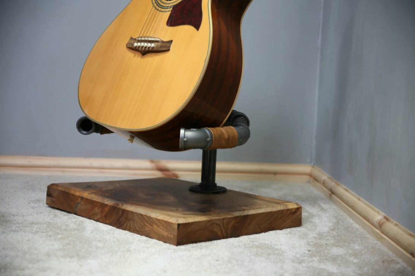 Industrial Guitar Stand With Metal Pipe Construction, Solid Wood Base ...