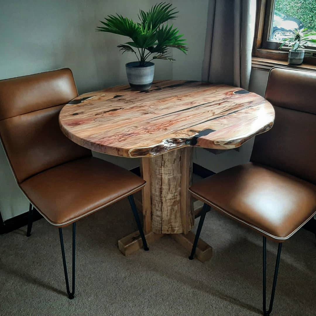 Quirky Dining Table With Semi Live-edge Solid Yew Top and Various Oak ...