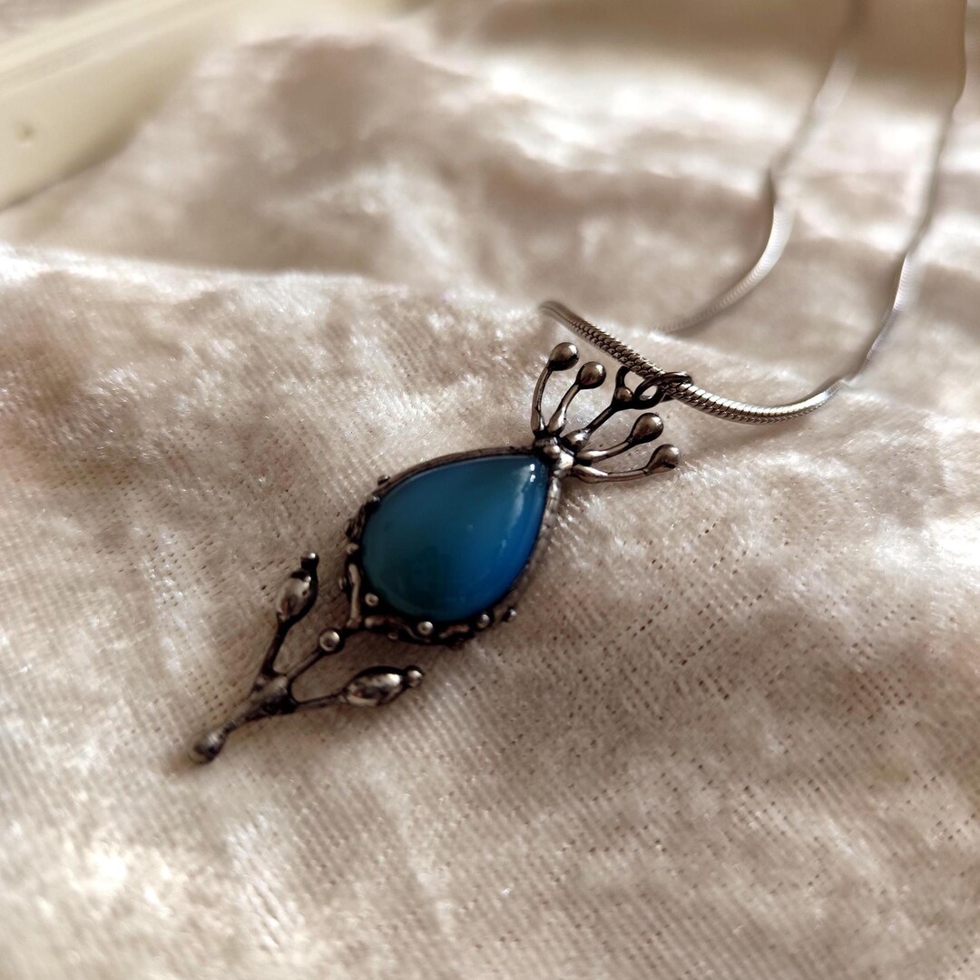 Handmade Silver Flower Necklace, Blue Agate Pendant, Naturecore Jewelry ...