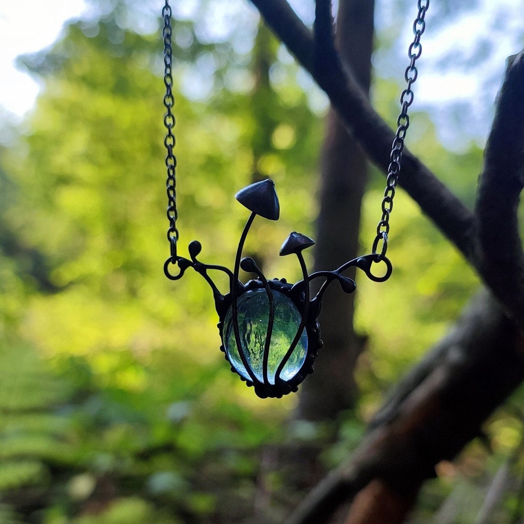 Witch Jewelry Fungi Magic Mushrooms Nature Pendant With Blue Glass ...