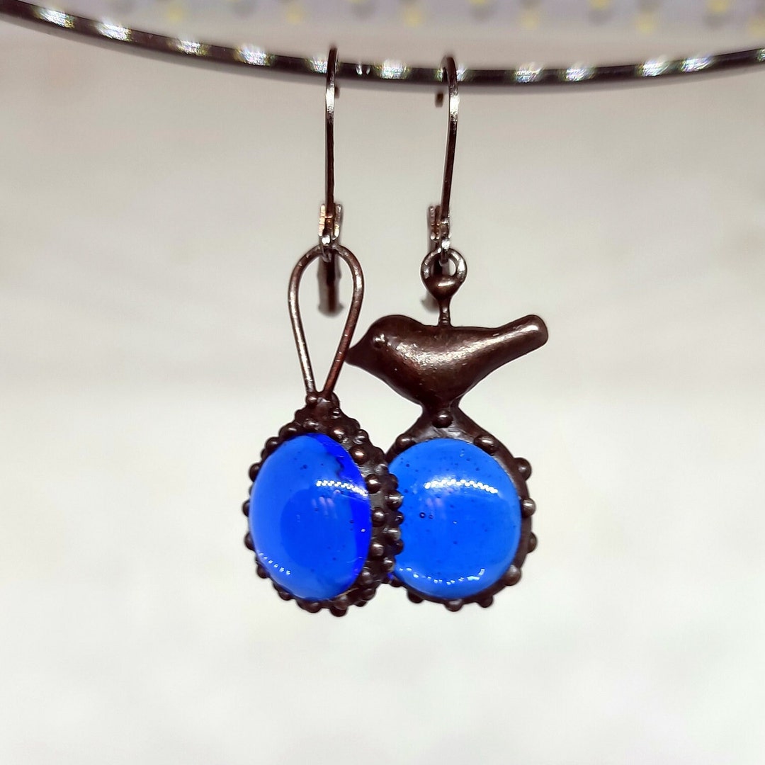 Blue Glass Bird Earrings: Asymmetrical Boho Naturecore Jewelry - Etsy UK