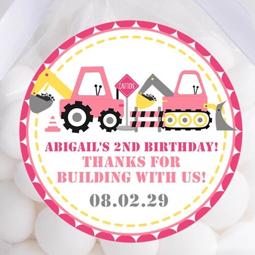 Girls Pink Construction Birthday Party Stickers or Favor Tags - Etsy
