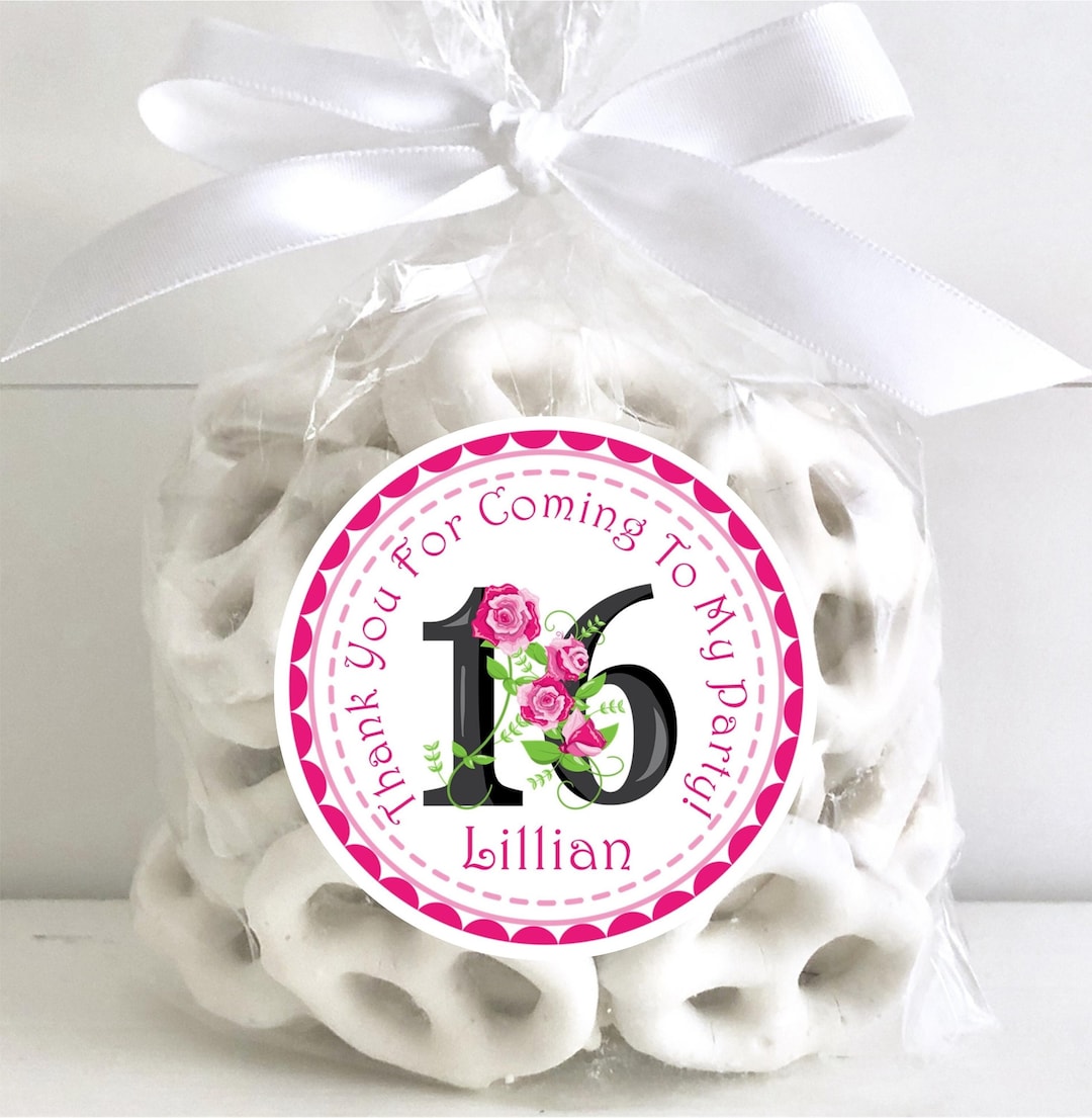Hot Pink & Black Floral Sweet 16 Favor Sticker, Pink Sweet 16 Party ...