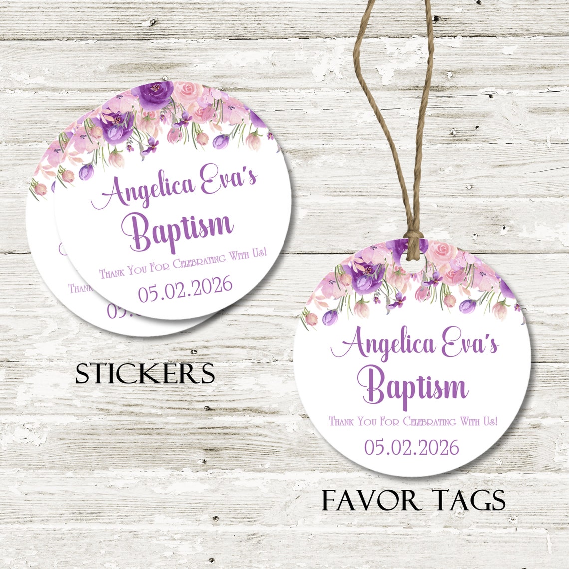 Girls Pink & Purple Baptism Favor Tag, Baptism Sticker Label, Baptism ...