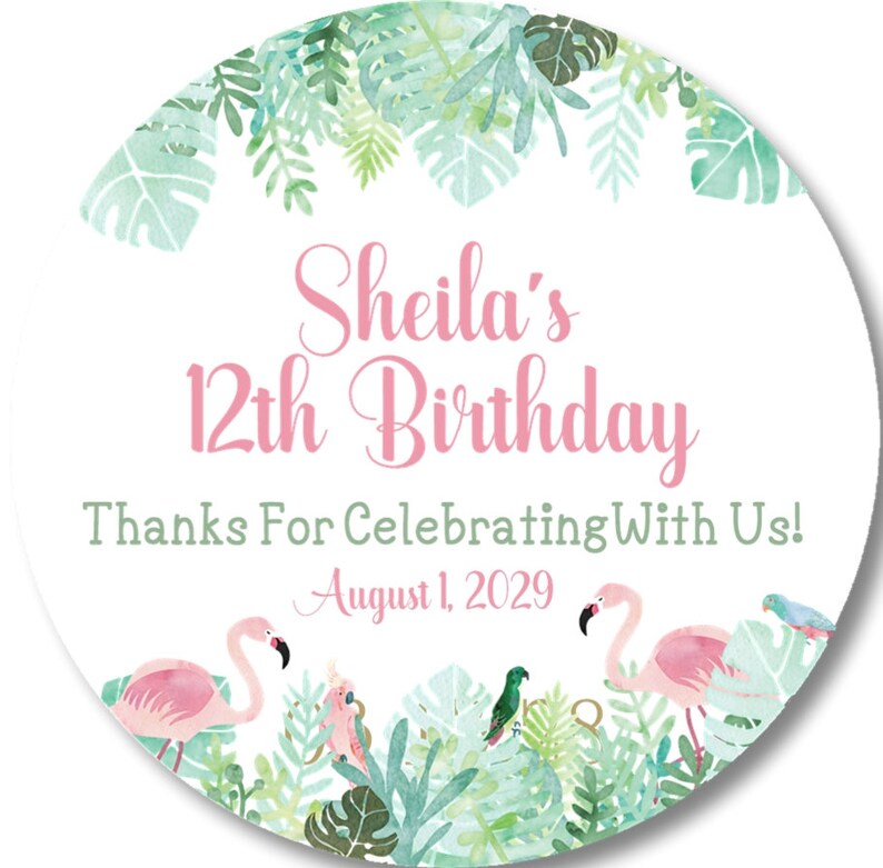 Tropical Flamingo Birthday Party Stickers, Flamingo Birthday Favor Tags ...