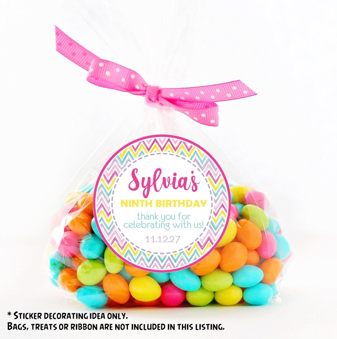 Girls Pastel Rainbow Striped Birthday Party Stickers or Favor Tags ...