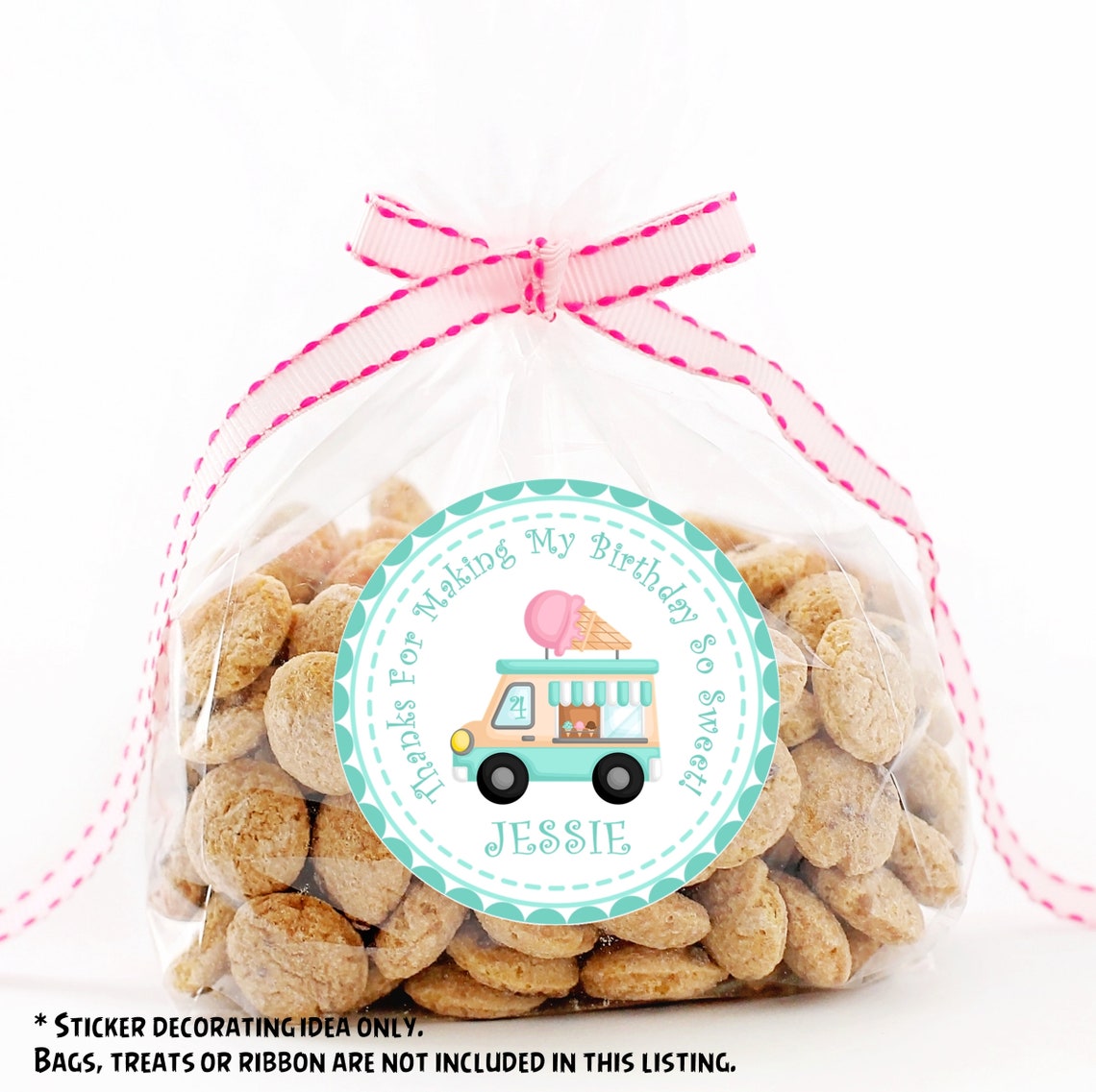 Ice Cream Birthday Cake Favor Sticker, Pink & Mint Birthday Favor Label ...