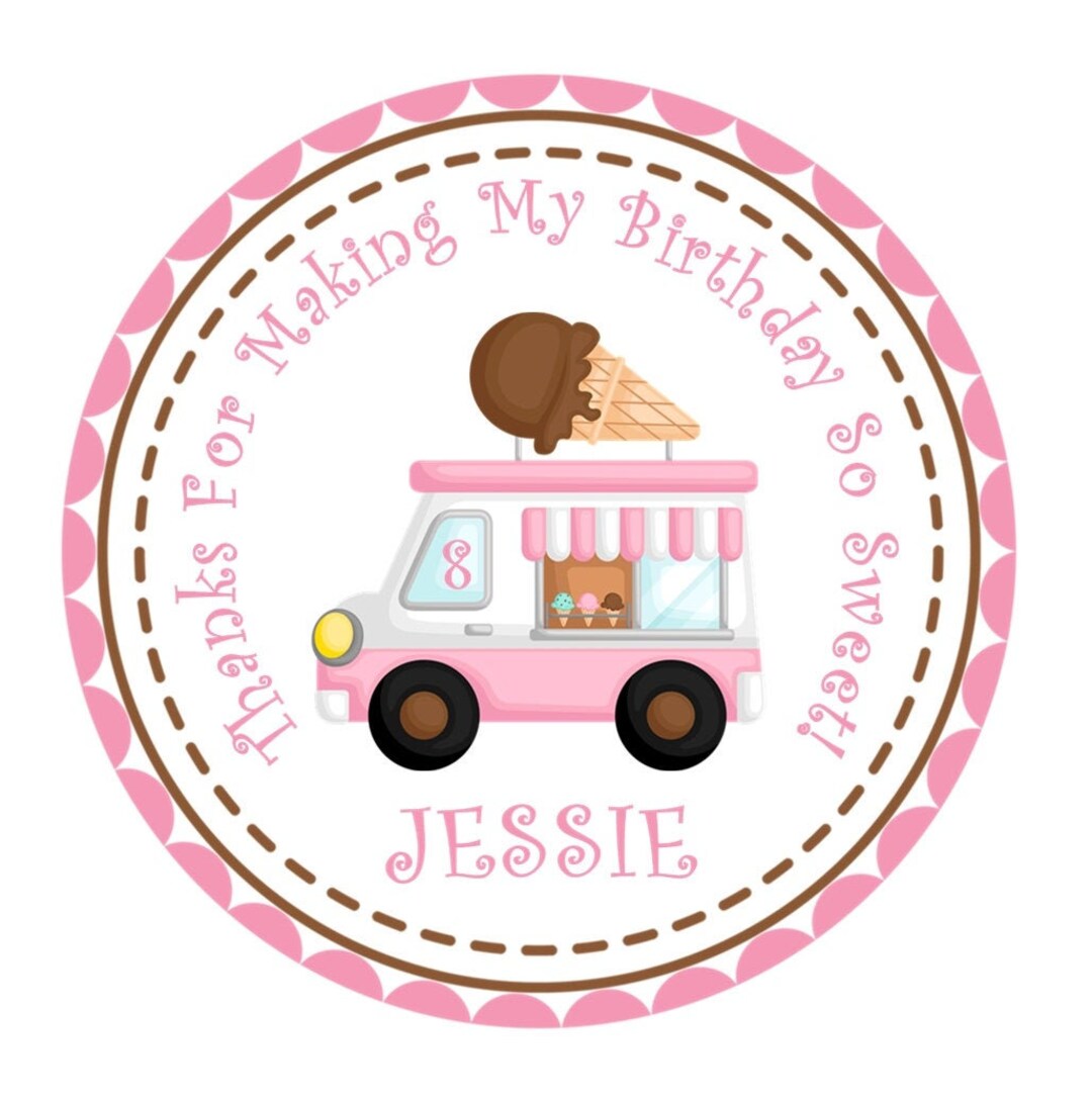 Ice Cream Birthday Cake Favor Sticker, Pink Birthday Favor Label, Ice ...