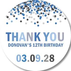 Blue & Grey Confetti Birthday Party Stickers or Favor Tags, Blue ...