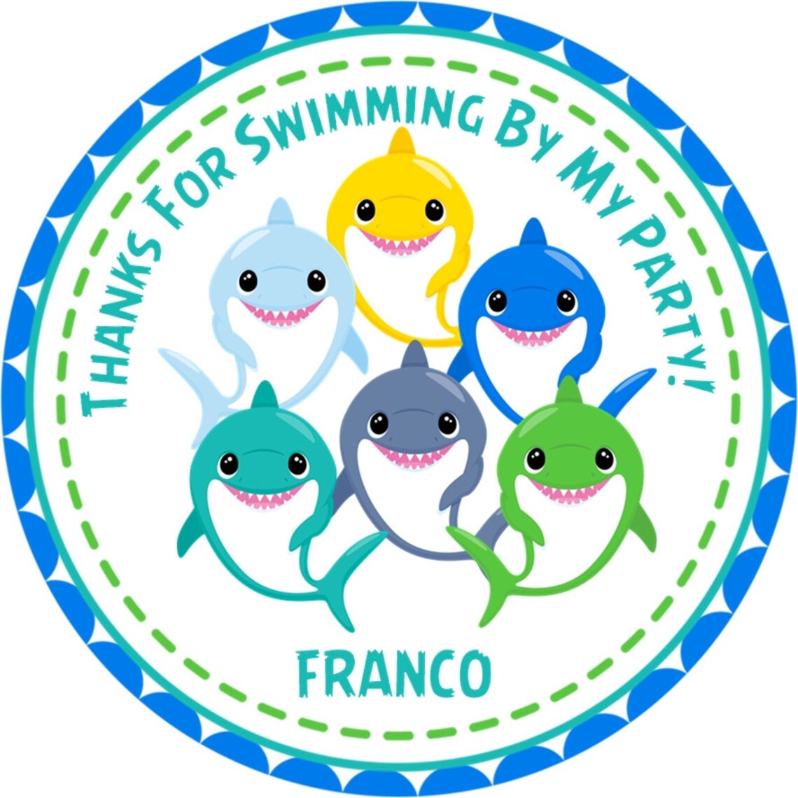 Blue Green and Yellow Baby Shark Birthday Party Stickers, Baby Shark ...