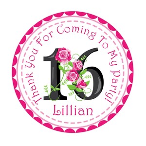 Hot Pink & Black Floral Sweet 16 Favor Sticker, Pink Sweet 16 Party ...