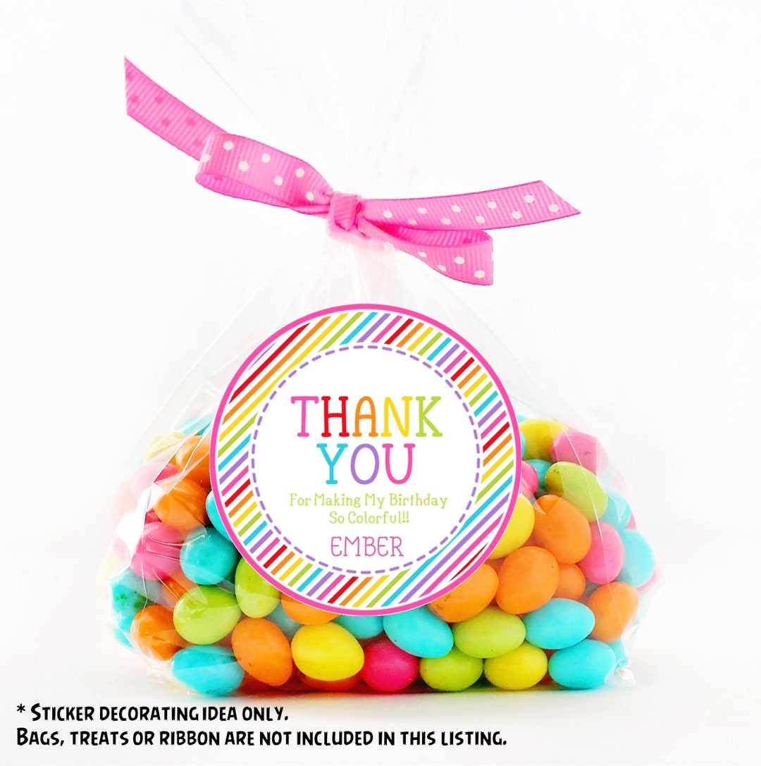 Girls Bright Rainbow Striped Birthday Party Stickers or Favor Tags ...