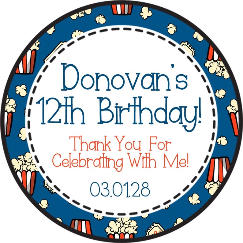 Movie Popcorn Birthday Party Stickers, Movie Birthday Decorations ...
