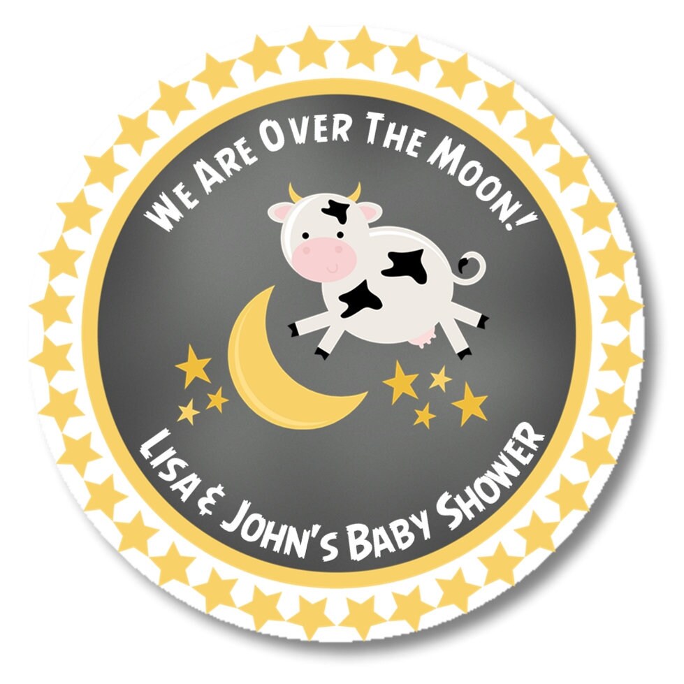 Over the Moon Baby Shower Sticker Favor Labels, Nursery Rhyme Cow ...