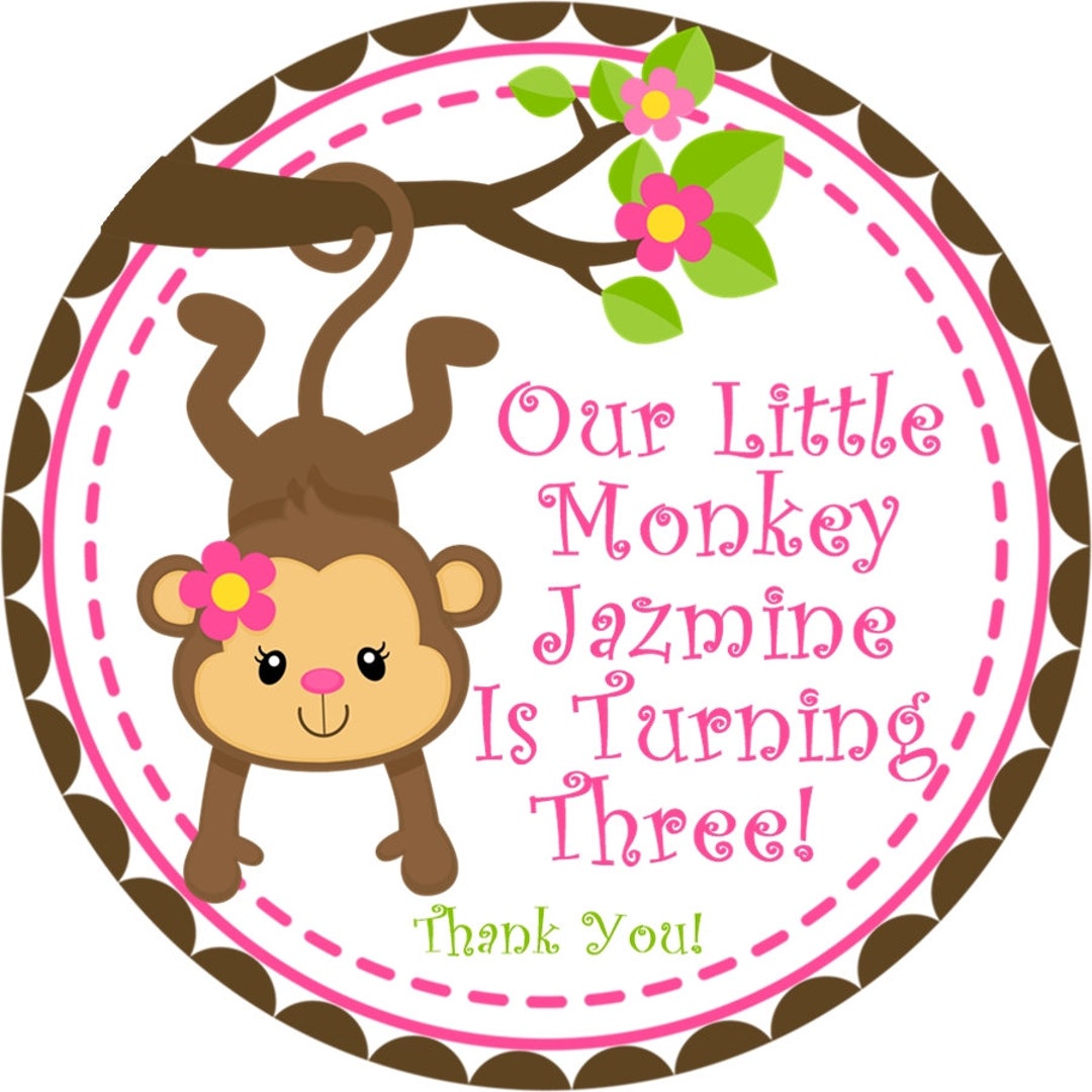 Girls Pink Jungle Monkey Birthday Party Stickers, Monkey Birthday Favor ...