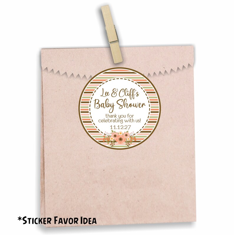 Girls Peach Floral Rustic Baby Shower Stickers or Favor Tags, Rustic ...