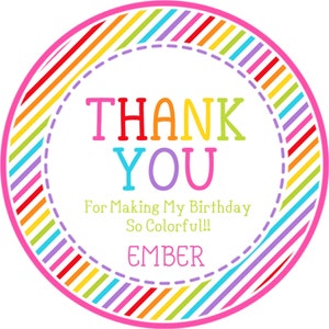 Girls Bright Rainbow Striped Birthday Party Stickers or Favor Tags ...