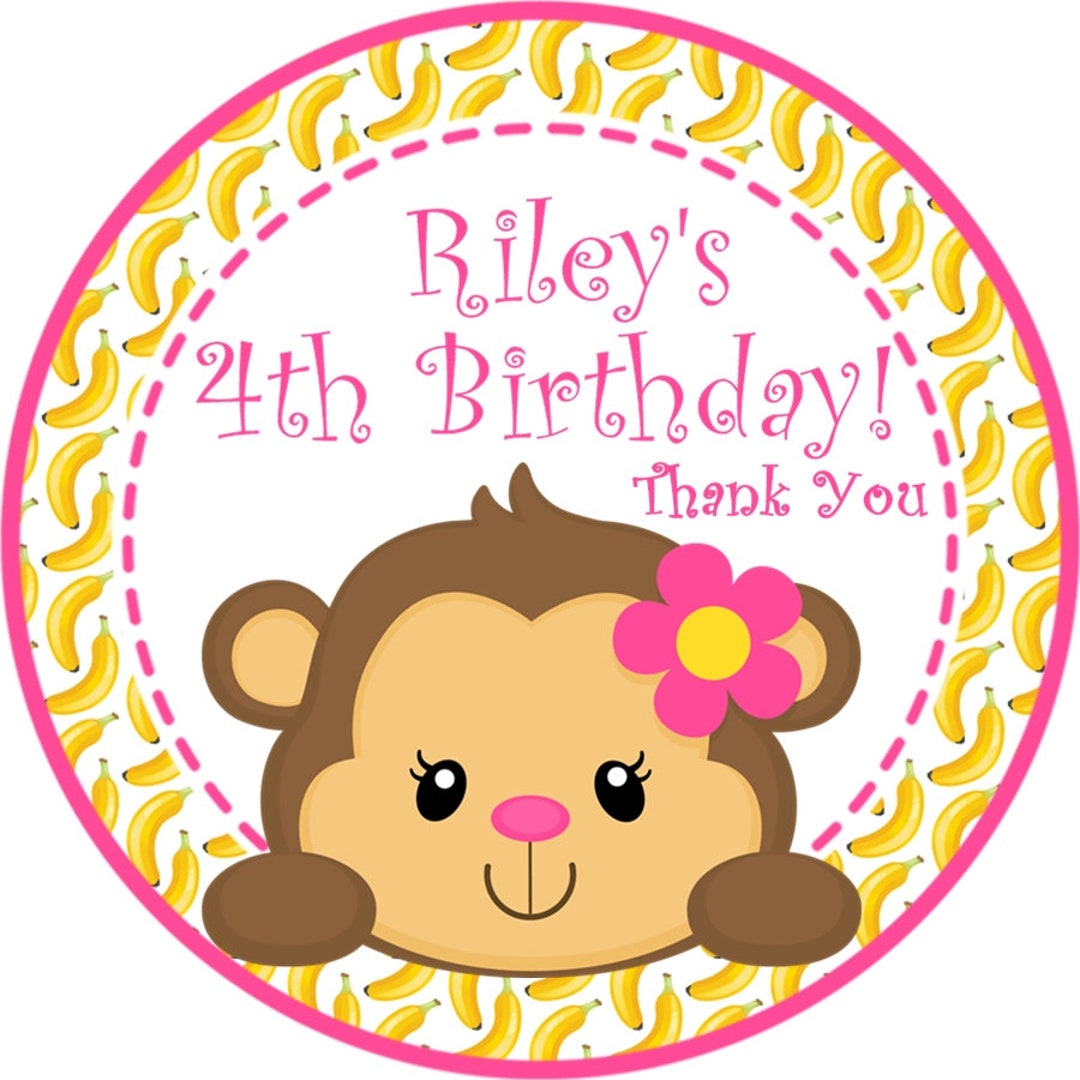 Girls Pink Jungle Monkey Birthday Party Stickers, Monkey Birthday Favor ...