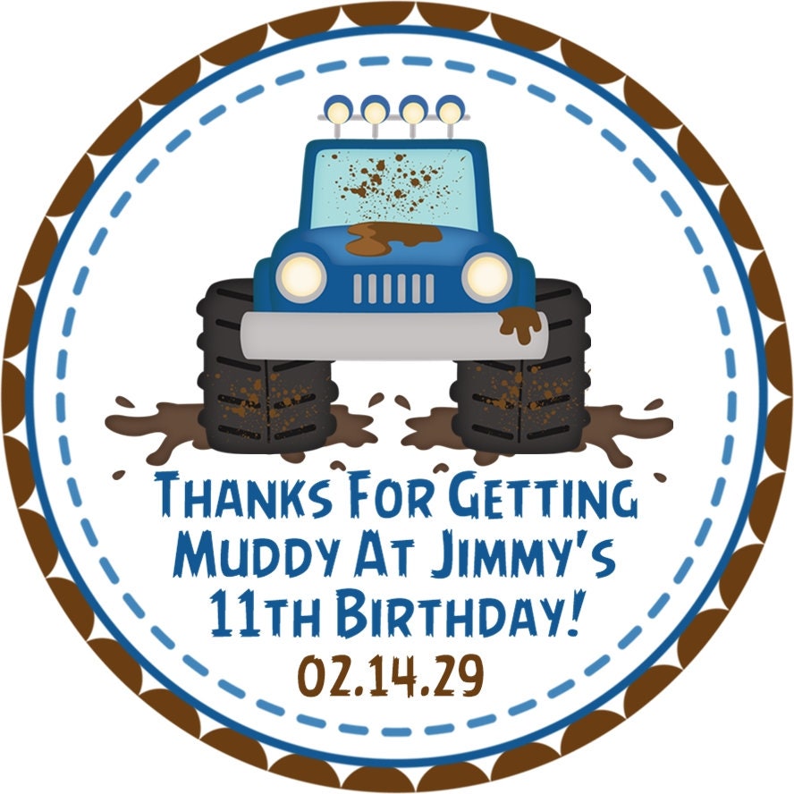 Blue Mudding Monster Truck Birthday Party Stickers, Mudding Party Favor ...