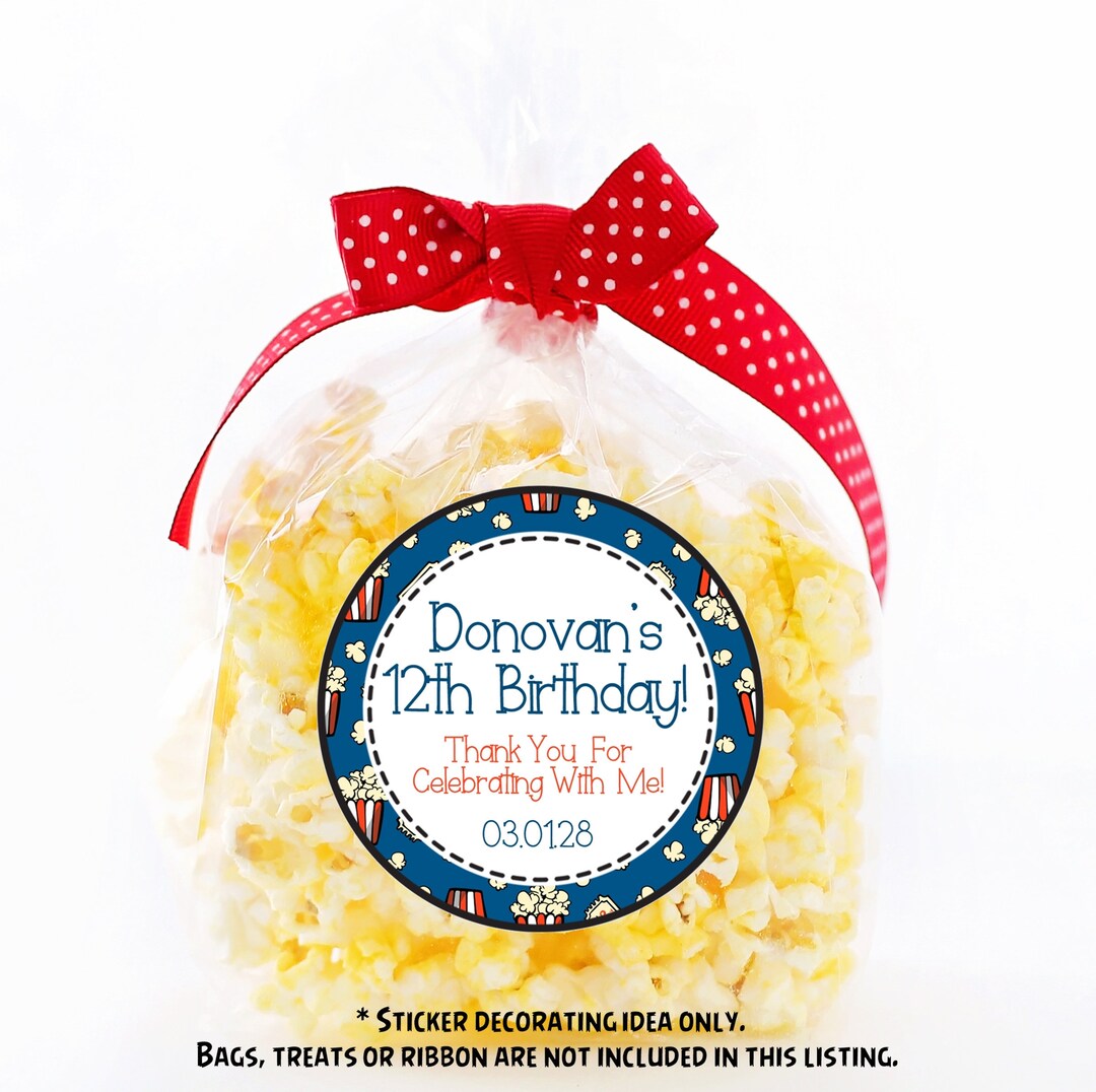 Movie Popcorn Birthday Party Stickers, Movie Birthday Decorations ...